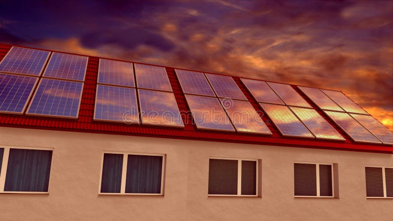 Solar Panels Installed on a Roof, Sunset Sky. 3D Rendering Stock ...