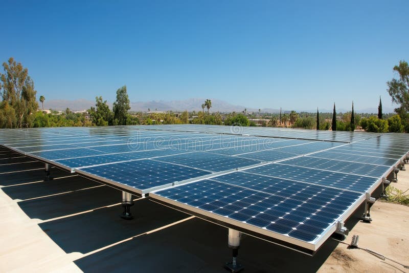 Solar Panels Installed on a Rooftop with Clear Sky and Distant ...