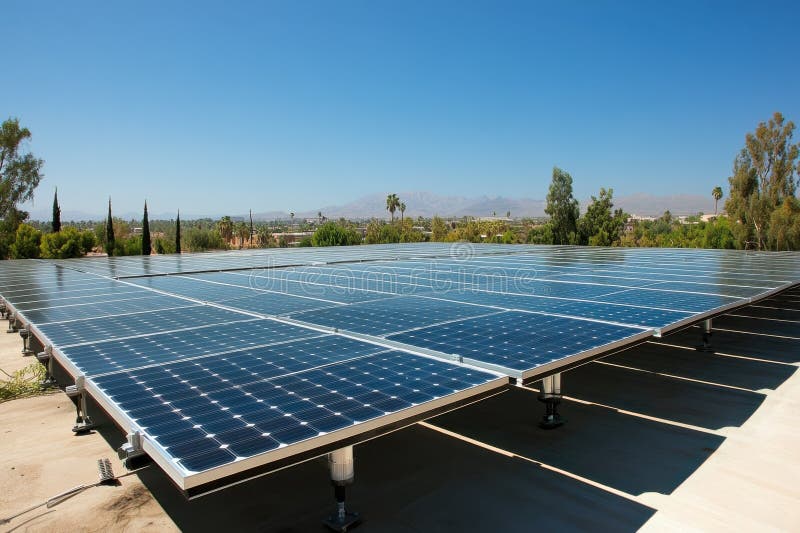 Solar Panels Installed on a Rooftop with Clear Sky and Distant ...