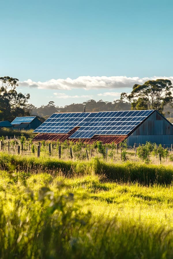 Solar Panels Installed on a Rustic Barn Roof, Surrounded by Lush Green ...