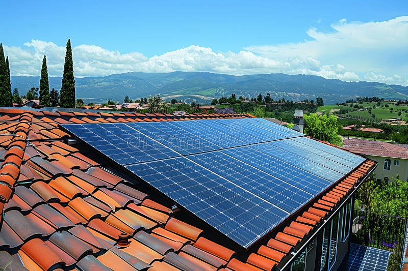 Solar Panels Installed on a Rustic Rooftop with Scenic Mountain View in ...