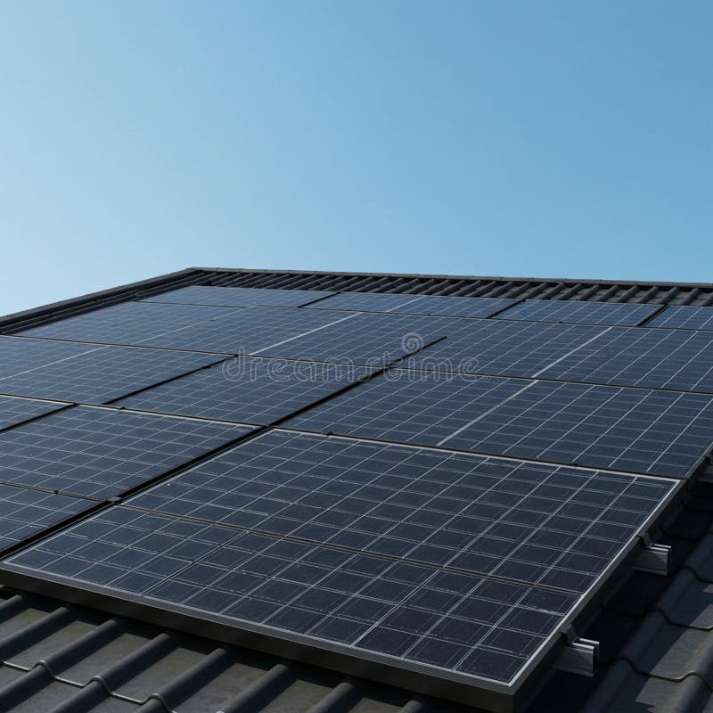 Solar Panels Installed on a Sloped Roof with a Clear Blue Sky ...