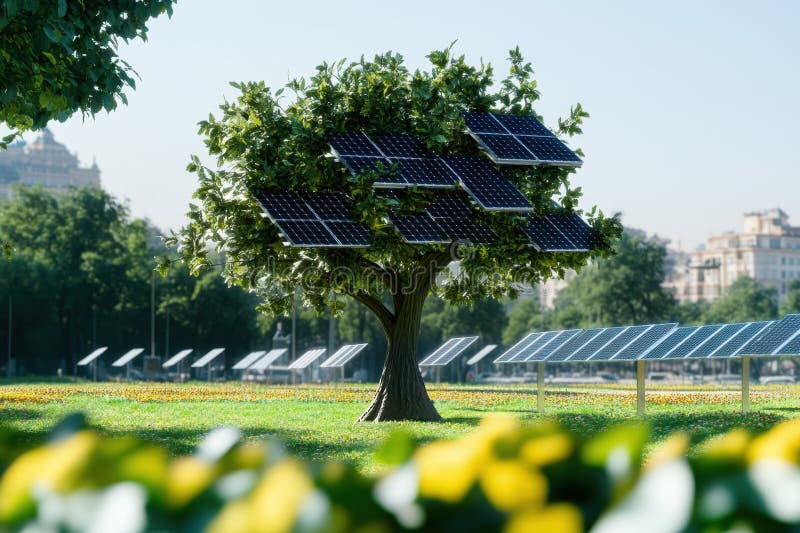 Solar Panels Integrated into a Creative Tree Design in a Green Park ...