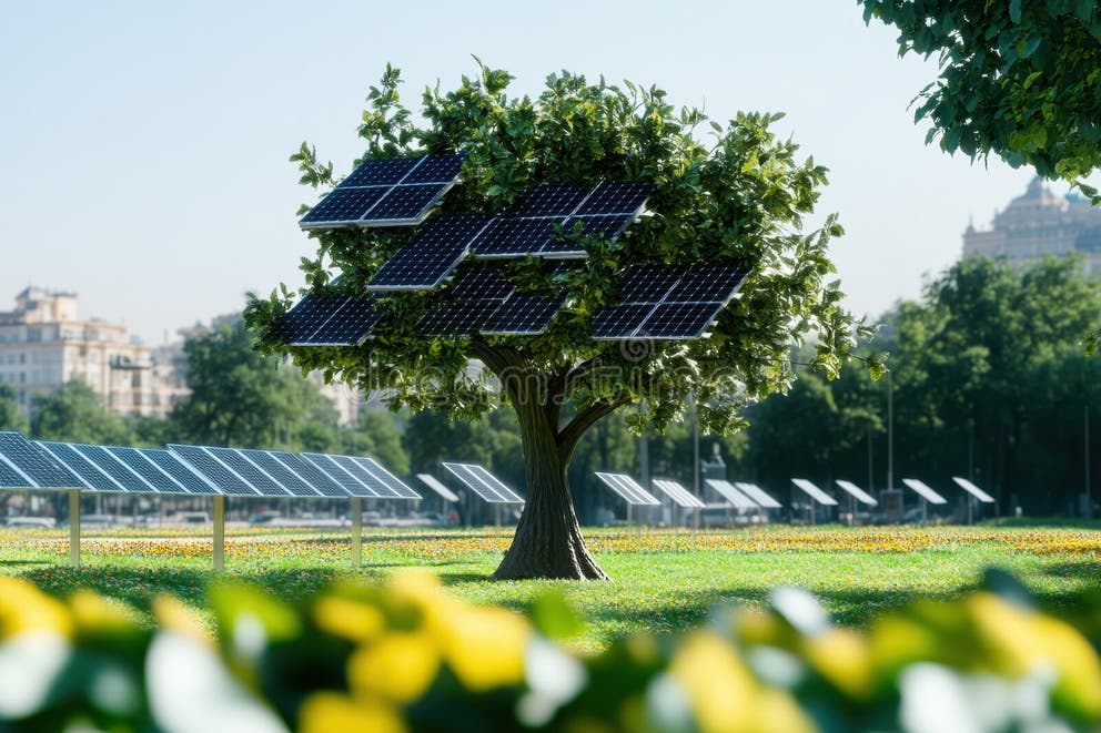 Solar Panels Integrated into a Creative Tree Design in a Green Park ...