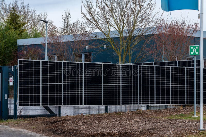 Solar Panel Fence in a Modern Industrial Area Stock Photo - Image of ...