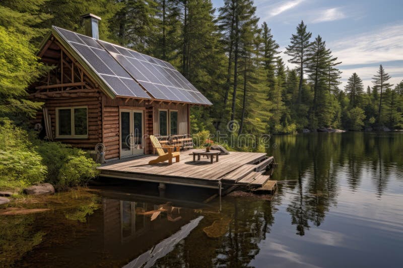 Solar Panels on a Log Cabin with a Lake View Stock Illustration ...