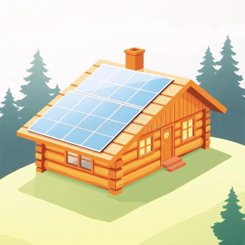 Solar Panels on a Log Cabin Sunny Illustration Stock Illustration ...