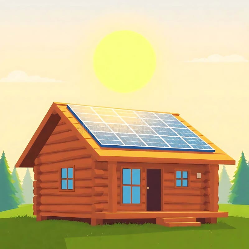 Solar Panels on a Log Cabin Sunny Illustration Stock Illustration ...