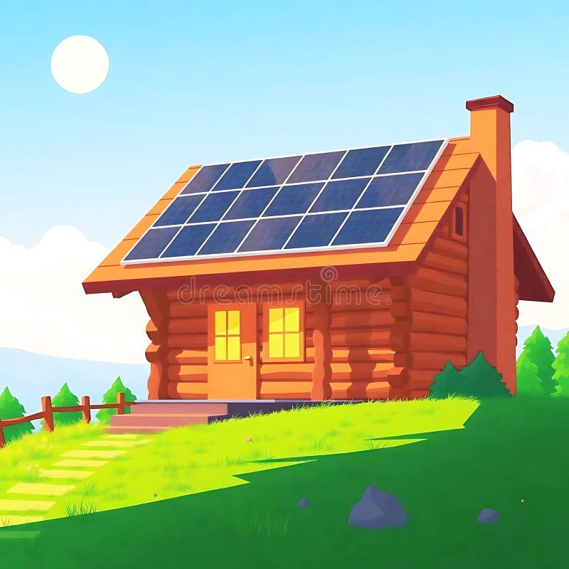 Solar Panels on a Log Cabin Sunny Illustration Stock Illustration ...