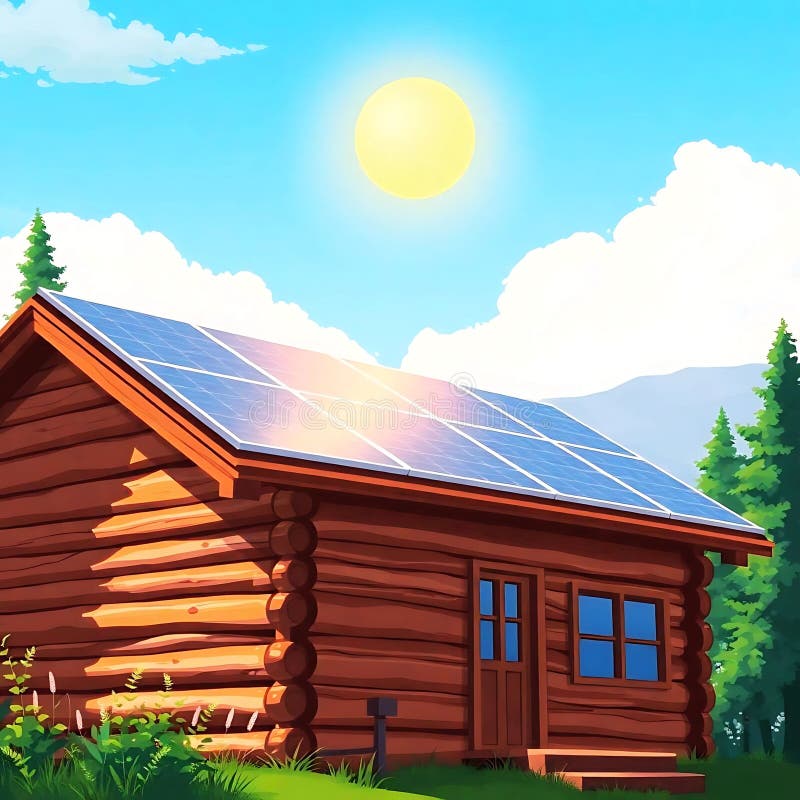 Solar Panels on a Log Cabin Sunny Illustration Stock Illustration ...