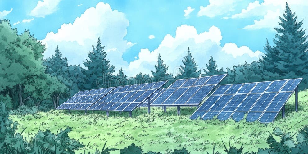 Solar Panels in a Lush Forest Setting Under a Clear Blue Sky Stock ...