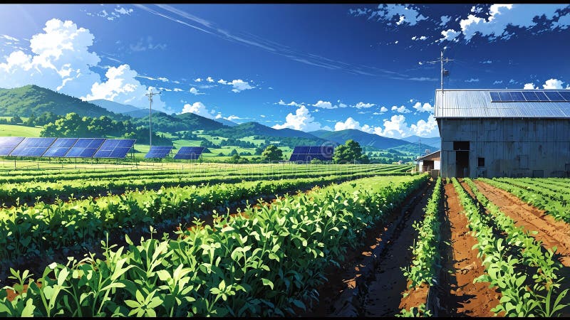 Solar Panels and Lush Green Fields in a Countryside Setting with Clear ...