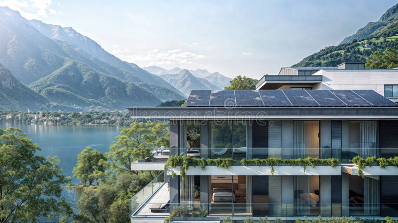 Solar Panels on Modern Building with Mountain Views Stock Illustration ...