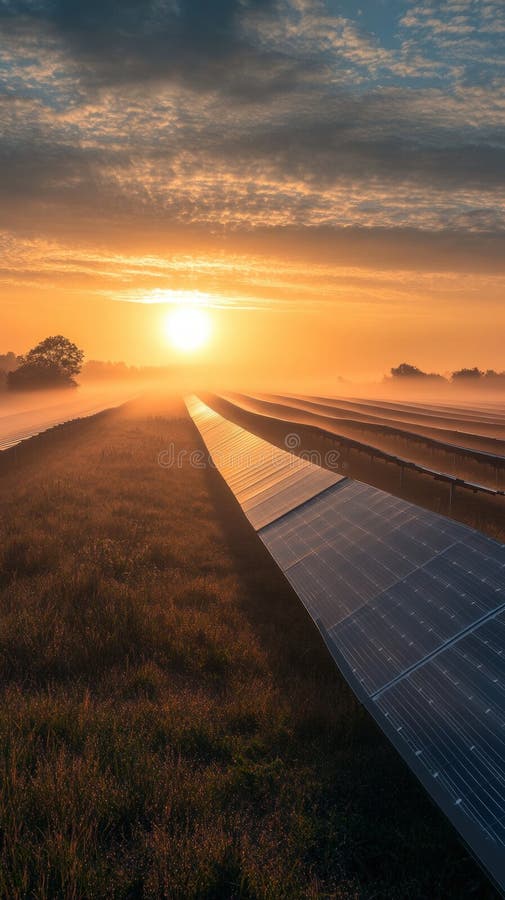Solar Panels in Morning Mist with Dramatic Sunlight Stock Illustration ...