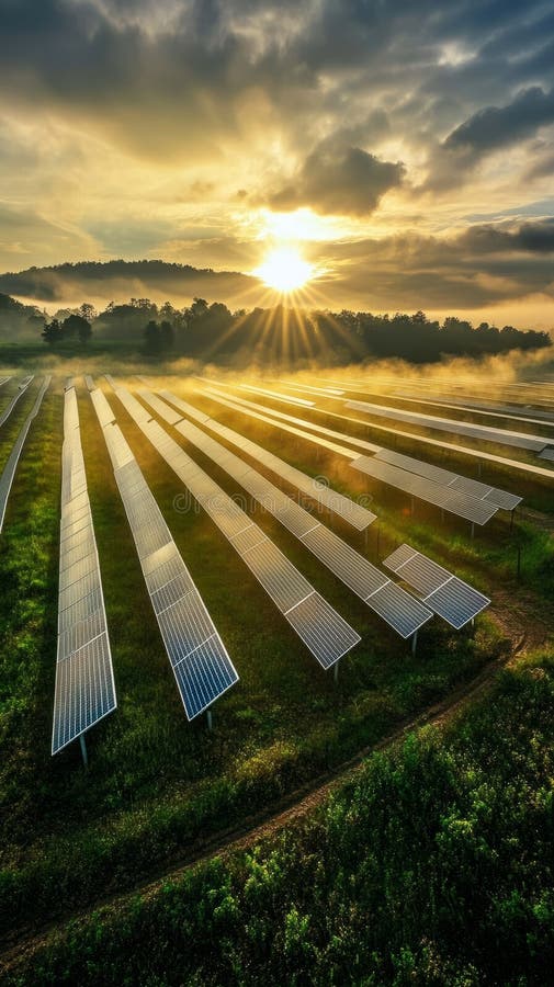 Solar Panels in Morning Mist with Dramatic Sunlight Stock Illustration ...