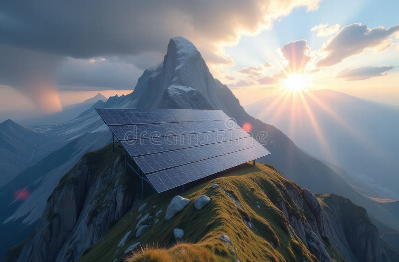 Solar Panels on a Mountain Peak at Sunset for Renewable Energy ...