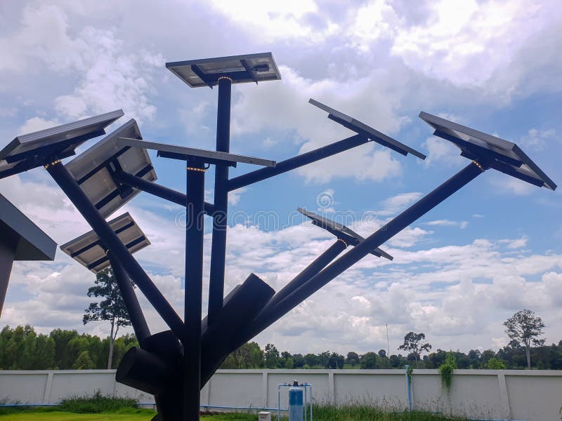 Solar Panels are Mounted on a Pole with Branching Branches Like a Tree ...