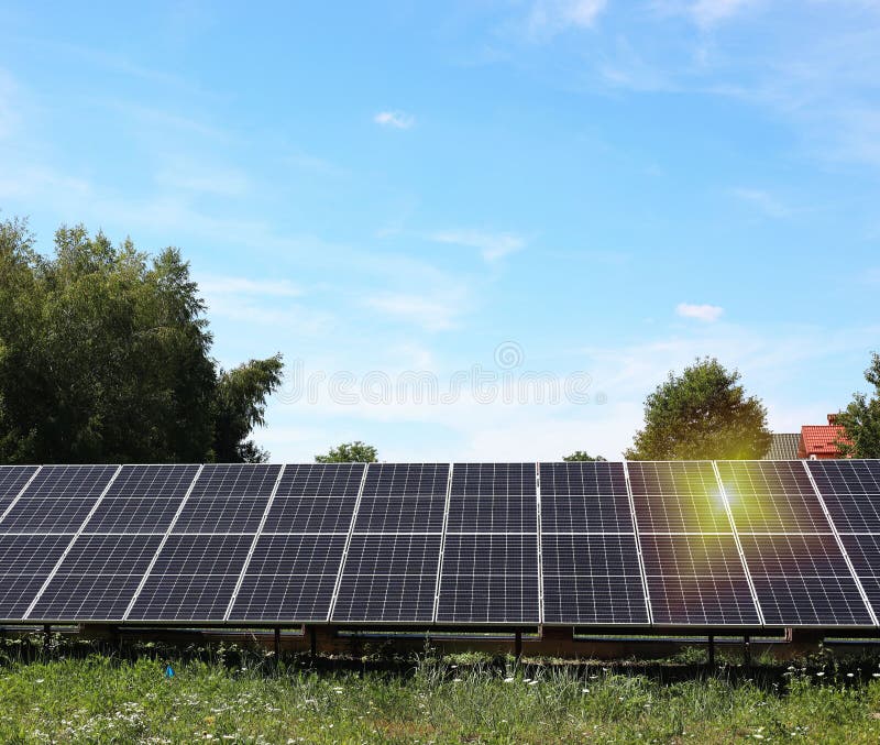 Solar Panels Near Trees Under Blue Sky on Sunny Day. Alternative Energy ...