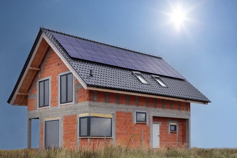 Solar Panels on New House, Shell. Construction Stock Photo - Image of ...