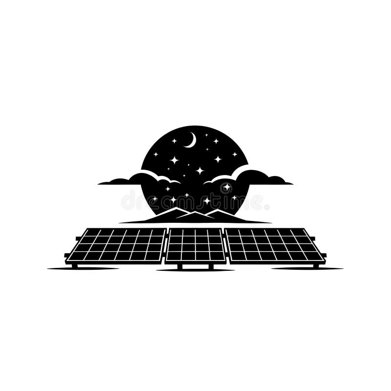 Solar Panels at Night with Starry Sky and Moon in Minimalistic Black ...