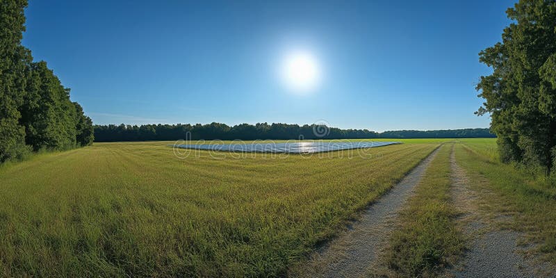 Solar Panels in Open Field Under Bright Sun with Clear Blue Sky Stock ...