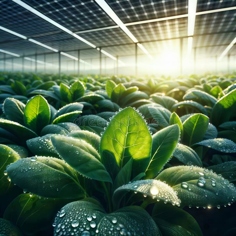 Dew-Covered Green Plants Growing Under Solar Panel Canopy, Generative ...