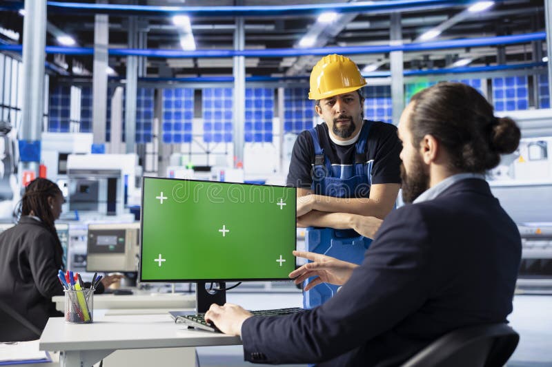 Photovoltaics Factory Coworkers Calibrating Robotic Arms on Mockup PC Stock Photo - Image of ...