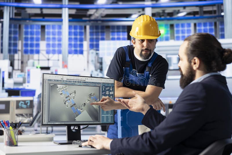 Solar Panels Plant Engineers Talking, Brainstorming Ways To Optimize ...