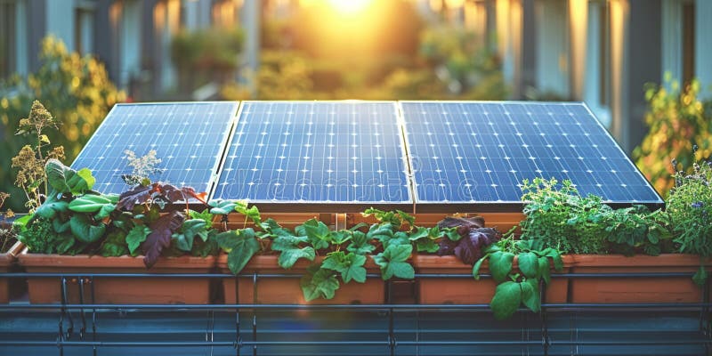 Solar Panels with Plants in a Rooftop Garden at Sunset Stock Image ...