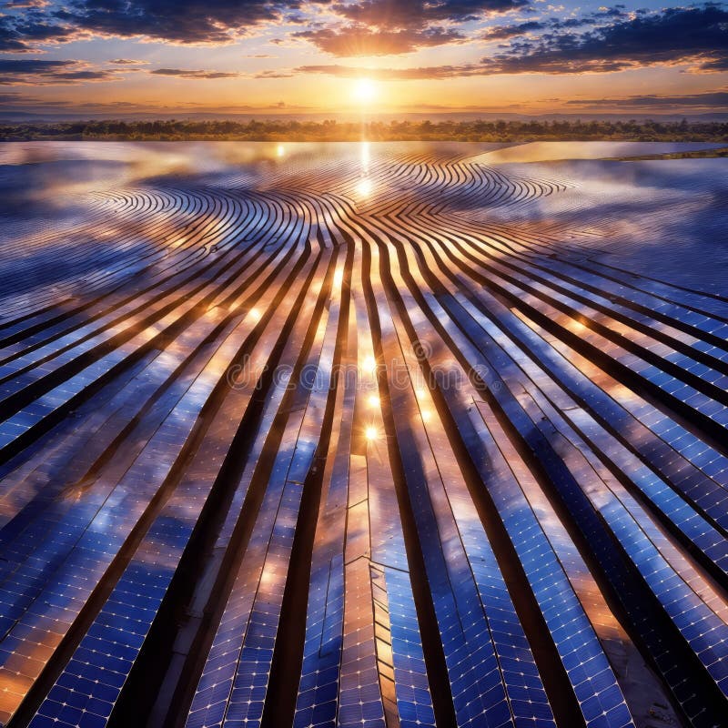Solar Panels on the Water Surface at Sunset with Reflection in the ...