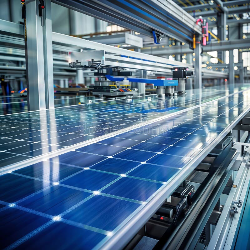 Solar Panels on the Production Line in a Modern Factory. 3d Rendering ...