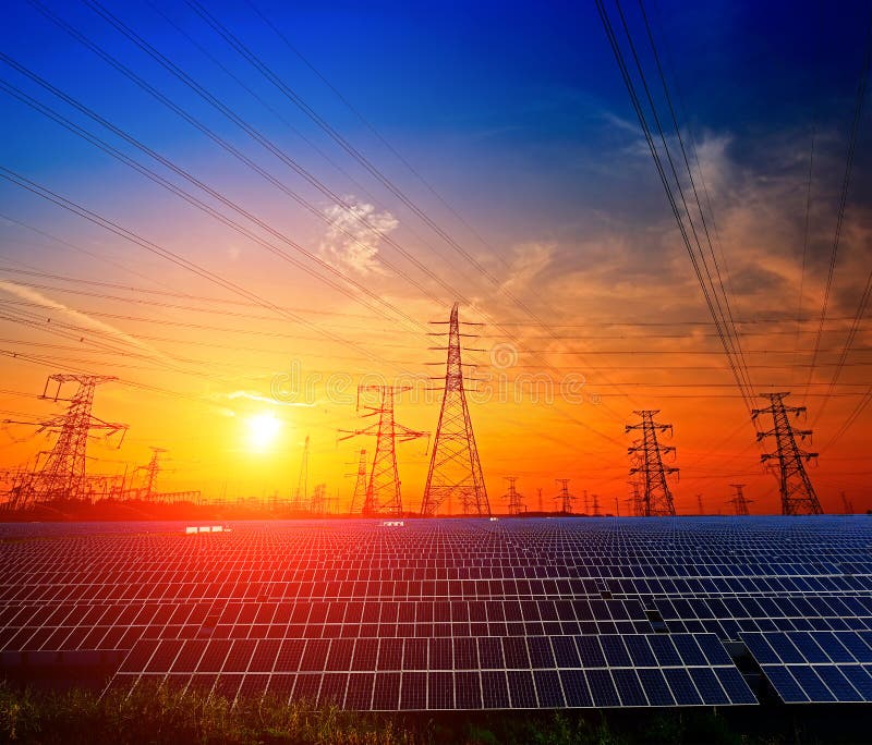 Solar panels and pylon stock photo. Image of electricity - 237166840