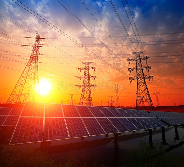 Solar panels and pylon stock photo. Image of electricity - 306980676