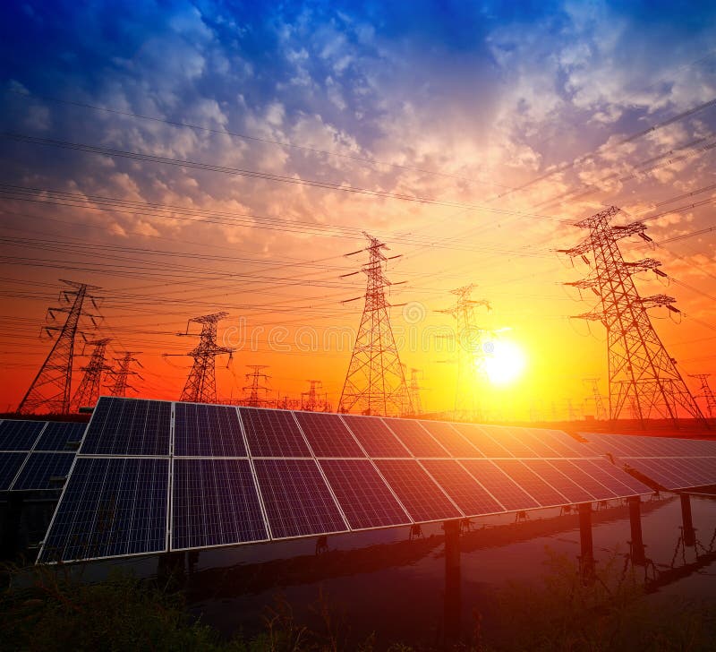 Solar panels and pylon stock image. Image of power, photovoltaic ...