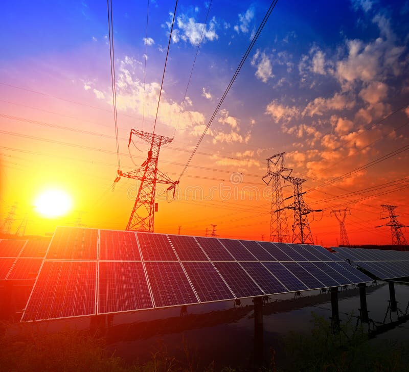 Solar panels and pylon stock image. Image of industry - 306980753