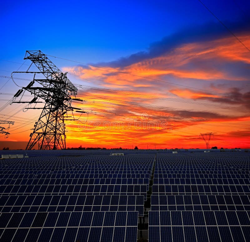 Solar panels and pylon stock image. Image of ecology - 309684779
