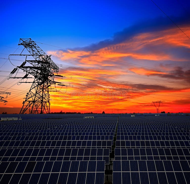 Solar panels and pylon stock image. Image of ecology - 309684779