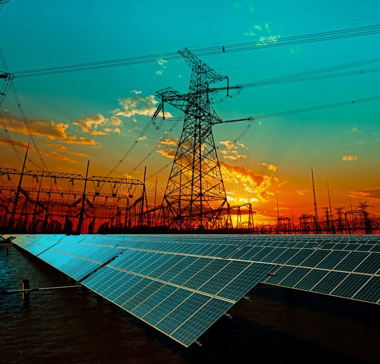 Solar panels and pylon stock image. Image of metal, grid - 350028379