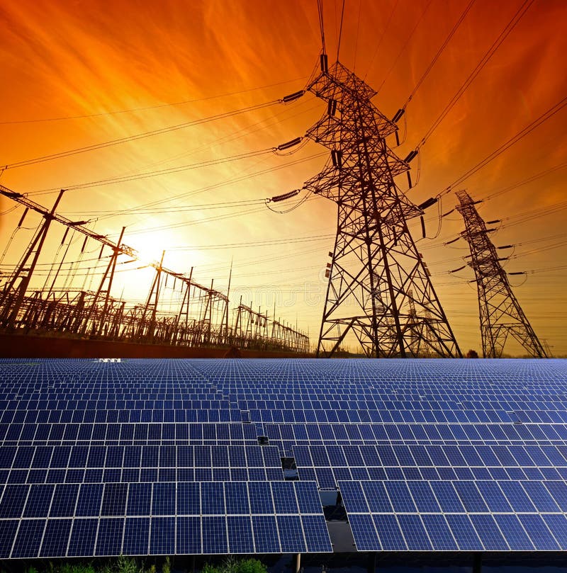 Solar panels and pylon stock photo. Image of panels - 220295886