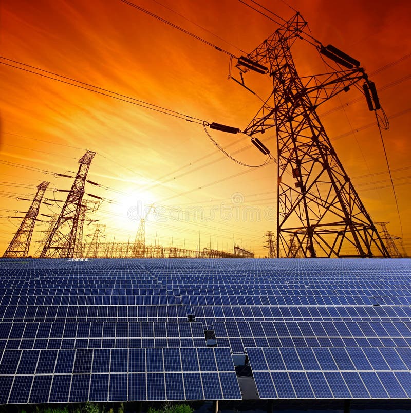Solar panels and pylon stock image. Image of electricity - 220295905