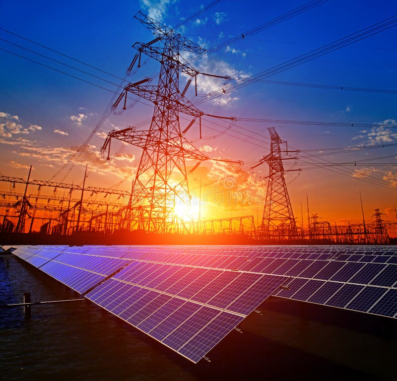 Solar panels and pylon stock image. Image of electrical - 241083851