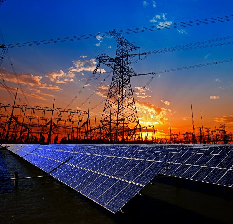 Solar panels and pylon stock image. Image of electrical - 241083881