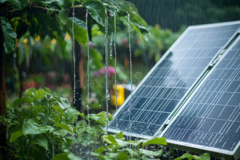 Solar Panels in a Rain-Drenched Garden Stock Illustration ...