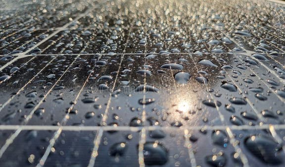 Solar Panels with Rain Drops on the Surface and Sun Reflection Stock ...