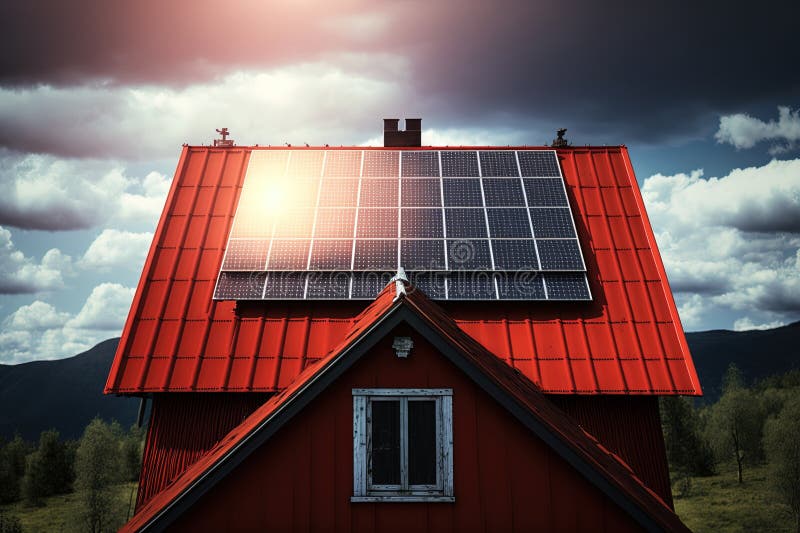 Solar Panels on a Red Roof. Generative AI Stock Illustration ...
