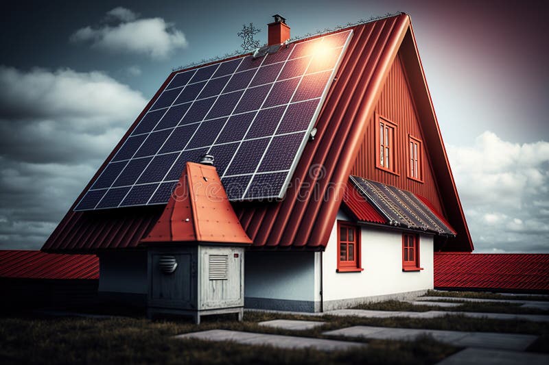 Solar Panels on a Red Roof. Generative AI Stock Illustration ...