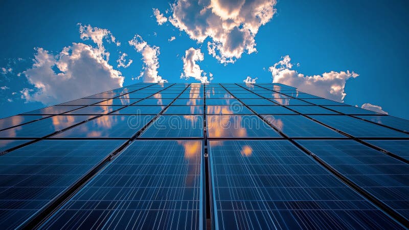 Solar Panels Reflect Clouds and Blue Sky at a Renewable Energy Facility ...