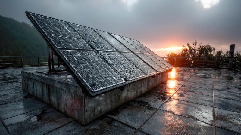 Solar Panels Reflect the Setting Sun on a Modern Rooftop Installation ...