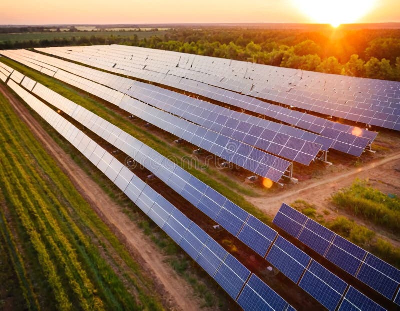 Solar Panels Reflect Sparkling Light from at Sunset, Clean Energy and ...