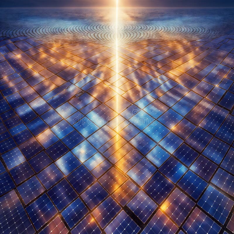 Solar Panels with Reflection on Water Surface. 3d Rendering and ...